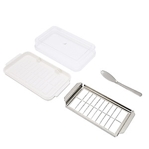 Stainless Steel Cutter Style Butter Case, Butter Slicer Metal Saucer with Plastic Transparent Cover Covered Cheese Storage Container with Knife for Kitchen(White)