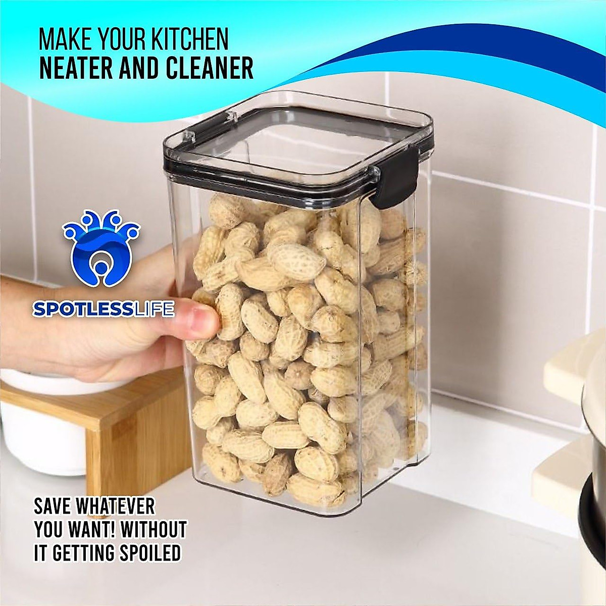 SPOTLESSLIFE Pantry Food Storage Container - 60oz - Tall Kitchen Canister with Airtight Lid, Clear Organizer for Dry Ingredients, Flour, Cereal – Large Sealed Container for Kitchen and Pantry