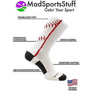 MadSportsStuff Baseball Socks with Stitches in Crew Length (White/Red, Medium)