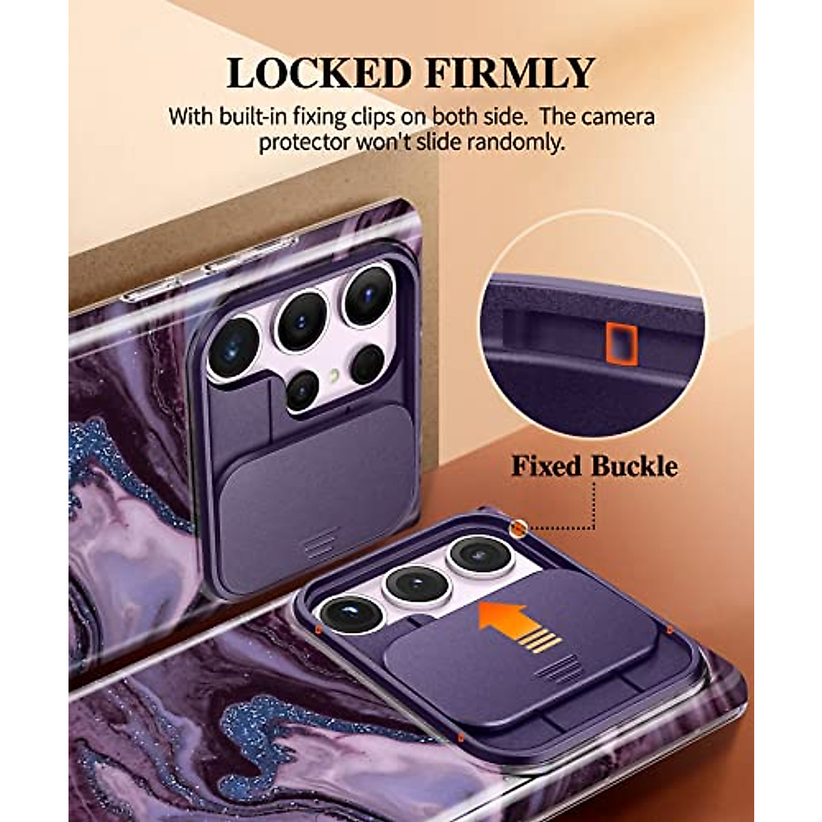 GVIEWIN Compatible with Samsung Galaxy S23 Ultra Case with Slide Camera Cover, [Military Grade Drop Protection] Slim Marble Shockproof Protective Phone Case Fit S23 Ultra 5G 6.8" (Quicksand/Purple)