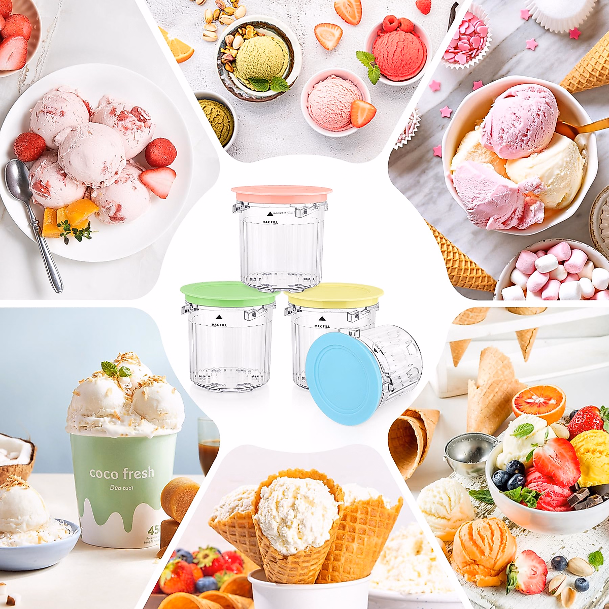 FIRJOY 16 oz. Containers | Extra Replacement Pints and Lids - Compatible with Ninja Creami Breeze NC200, NC201, CN205A, NC100 Series (4 Pack - Blue, Pink, Green, Yellow)