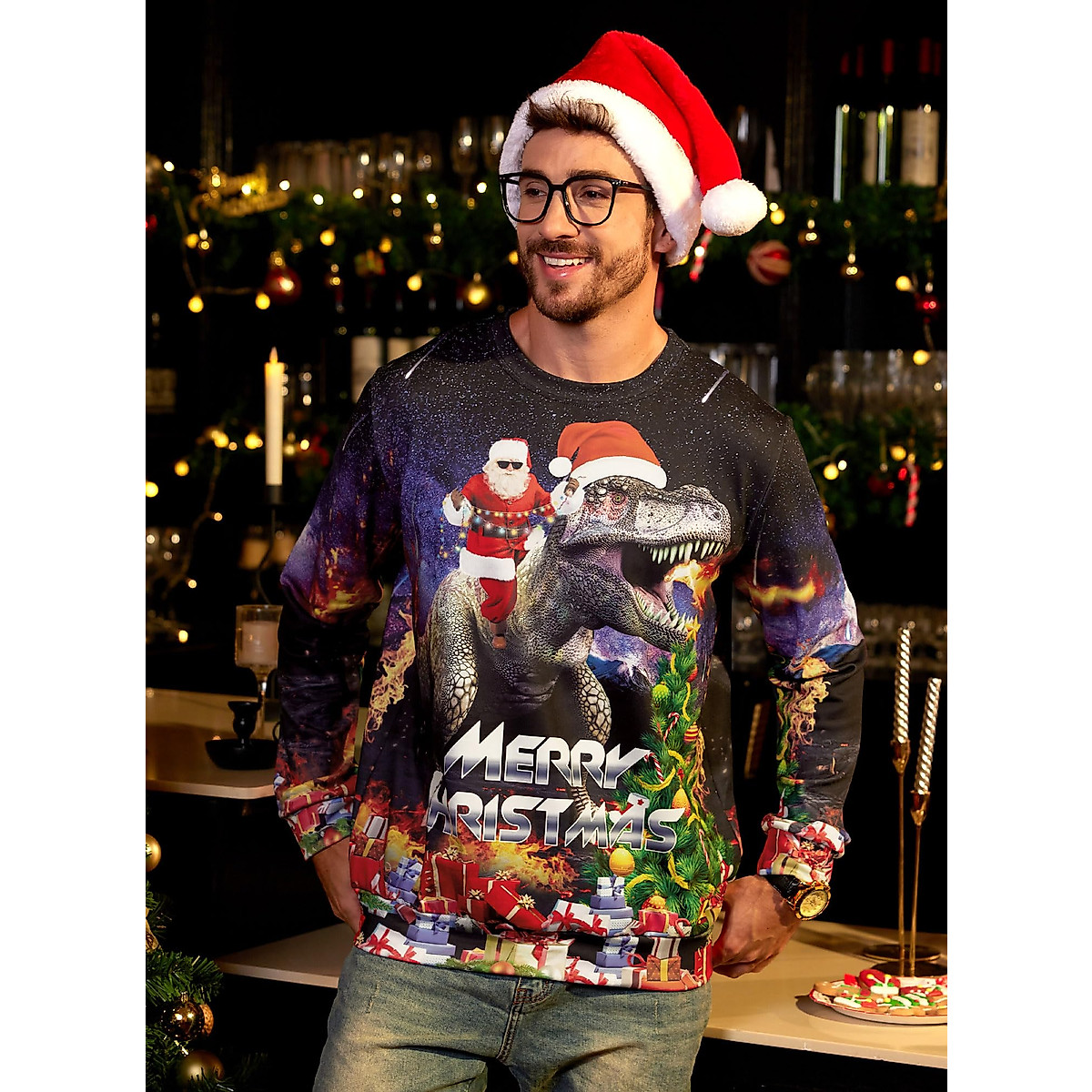 Arvilhill Christmas Mens Funny Holiday Xmas Santa Dinosaur Long Sleeve Sweater Ugly 3D Printed Party Sweatshirt M