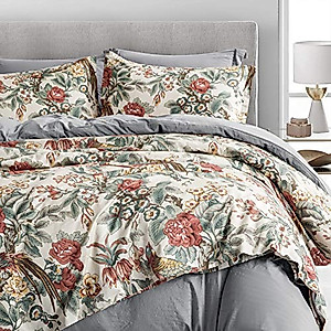 Eikei Home Chinoiserie Chic Peacock Floral Duvet Cover Paradise Garden Botanical Bird and Tree Branches Vintage Stylized Long Staple Cotton Bedding Set (Autumn Red, King)