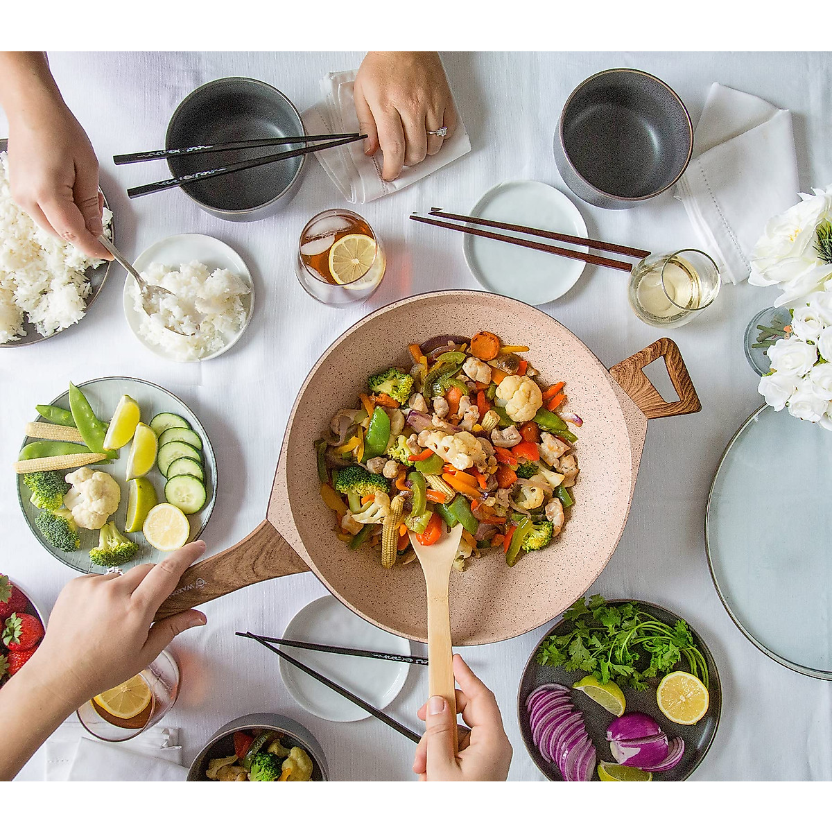 WaxonWare 12.5 Inch Non Stick Wok With Glass Lid Coated With Marbellous (A 100% PFOA & APEO Free German Non Stick Coating) - For Stir-Frying, Shallow Frying, Deep Frying & Braising