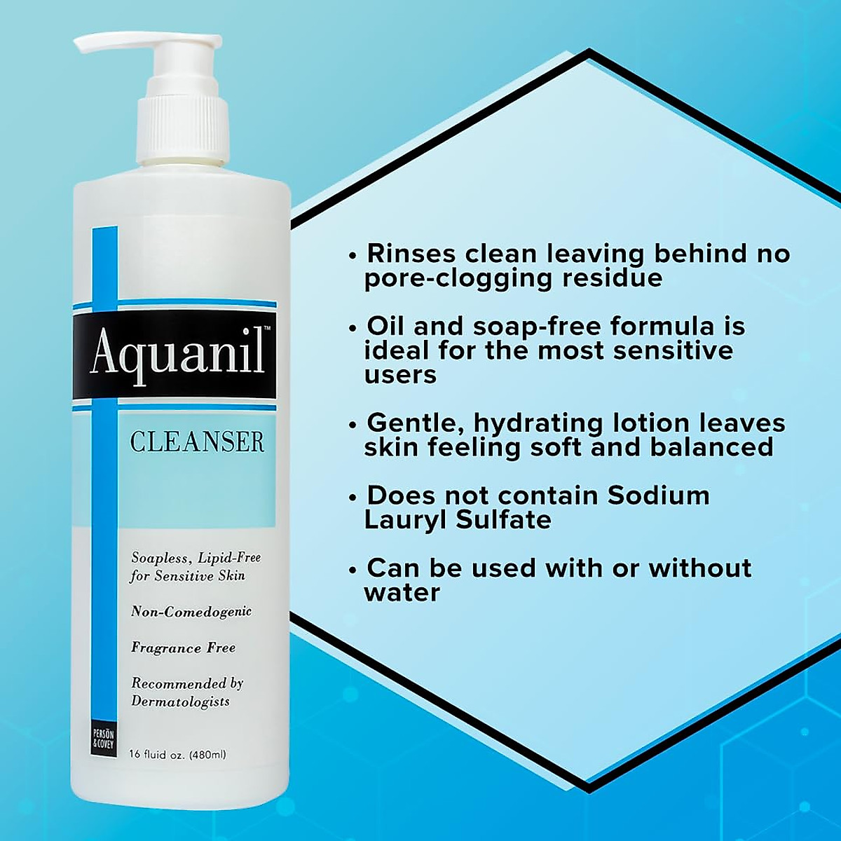 Person & Covey Aquanil Cleanser - Lipid-Free Sensitive Skin Cleanser, Non-Comedogenic Gentle Cleanser - Soap Free Cleanser with 7 Ingredients, Fragrance-Free Skin Care Cleanser - 3 Pack, 16 Fl. Oz.
