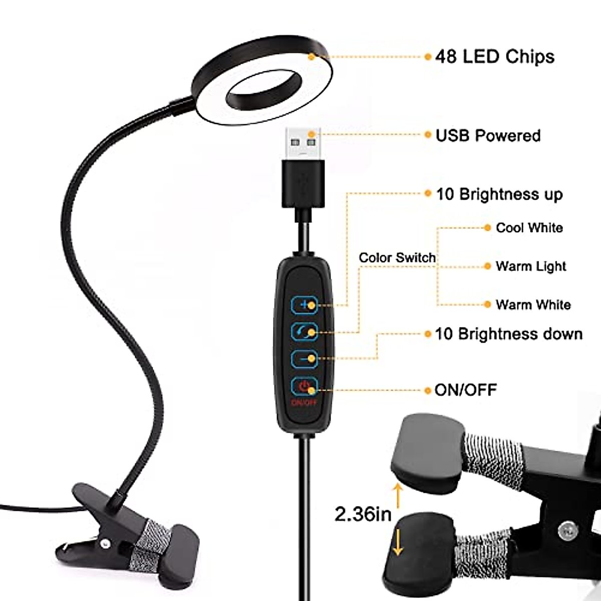 Desk Lamp Clip on Light, Desk Light 48 LED Lamp with 3 Lighting Modes, Dimmable 10 Brightness Levels, 360° Adjustable Gooseneck, Eye-Caring Small Lamp for Bed Headboard Reading Makeup Eyebrow (Black)