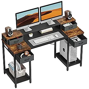 YAOHUOO Computer Desk with Dual Monitor Stands - 48'' Office Desk Writing Desk with 4 Drawers and Keyboard Storage, Work Desk with Dual PC Mainframe Shelves for Storage (Rustic Brown, 48)
