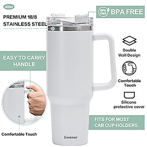 40 oz Tumbler With Handle and Straw Lid, Stainless Steel Insulated Tumblers Travel Mug, for Hot and Cold Beverages Thermos Travel Coffee Mug for Both Men and Women (White)