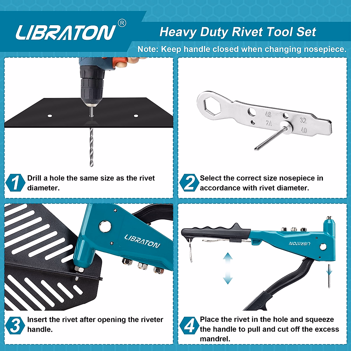 Libraton Heavy Duty Rivet Gun, Pop Rivet Gun Set, Professional Hand Riveter, Manual Riveting Tool with 110Pcs Rivets and 4 Interchangeable Heads, for Metal, Wood and Plastic