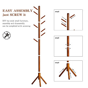 Aibiju Wood Coat Rack Freestanding, Coat Tree with 8 Hooks, 3 Height Options, Suitable for Kids and Adult, Coat Stand for Bedroom Office Entrance Brown YD-1006