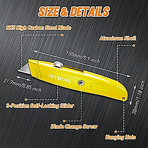 Jetmore Box Cutter Utility Knife, Box Cutter Retractable, Heavy Duty Razor Knife with Extra 10 SK5 Blades, Black Box Cutters Box Opener, Aluminum Shell Box Cutter Knife Box Knife