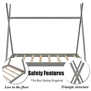 Harper & Bright Designs House Bed Twin for Kids, Toddler House Bed with Triangle Structure,Wood Floor Bed Frame for Girls Boys Bedroom Furniture, No Box Spring Needed,Grey