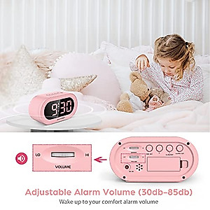 REACHER Pink Girls Alarm Clock for Kids Bedroom, Dimmable LED Digital Display, Outlet Powered, Adjustable Volume, Simple to Use, Snooze, Small Size for Bedside, Desk, Toddler