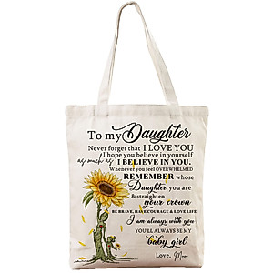 CHONG SHENG Gift for Daughter from Mom Daughter Birthday Inspirational Gifts for Daughter Graduation Christmas, Canvas Tote Bag with Pocket, Reusable Shopping Grocery Bag for Shopping Travel