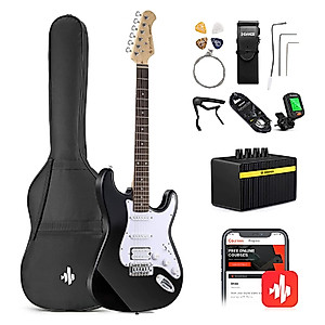 Donner DST-100B 39 Inch Electric Guitar Beginner Kit + Guitar Cable 10 ft Black White