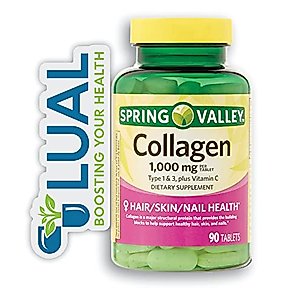 Improve Your Skin Elasticity and Joint Health with Spring Valley Collagen Type 1 & 3 + Vitamin C Dietary Supplement - 1,000mg Tablets, 90 Count. Includes Luall Fridge Magnetic