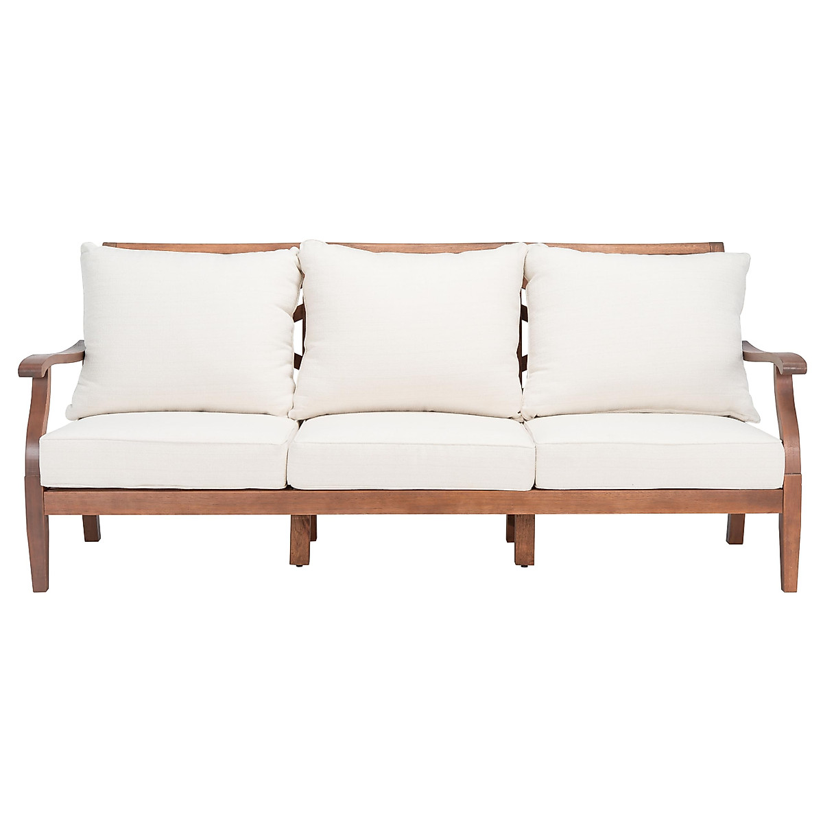 SAFAVIEH Couture Home Collection Payden Natural Wood/Beige Cushion 3-Seat Outdoor Patio Sunroom Porch Backyard Veranda Sofa