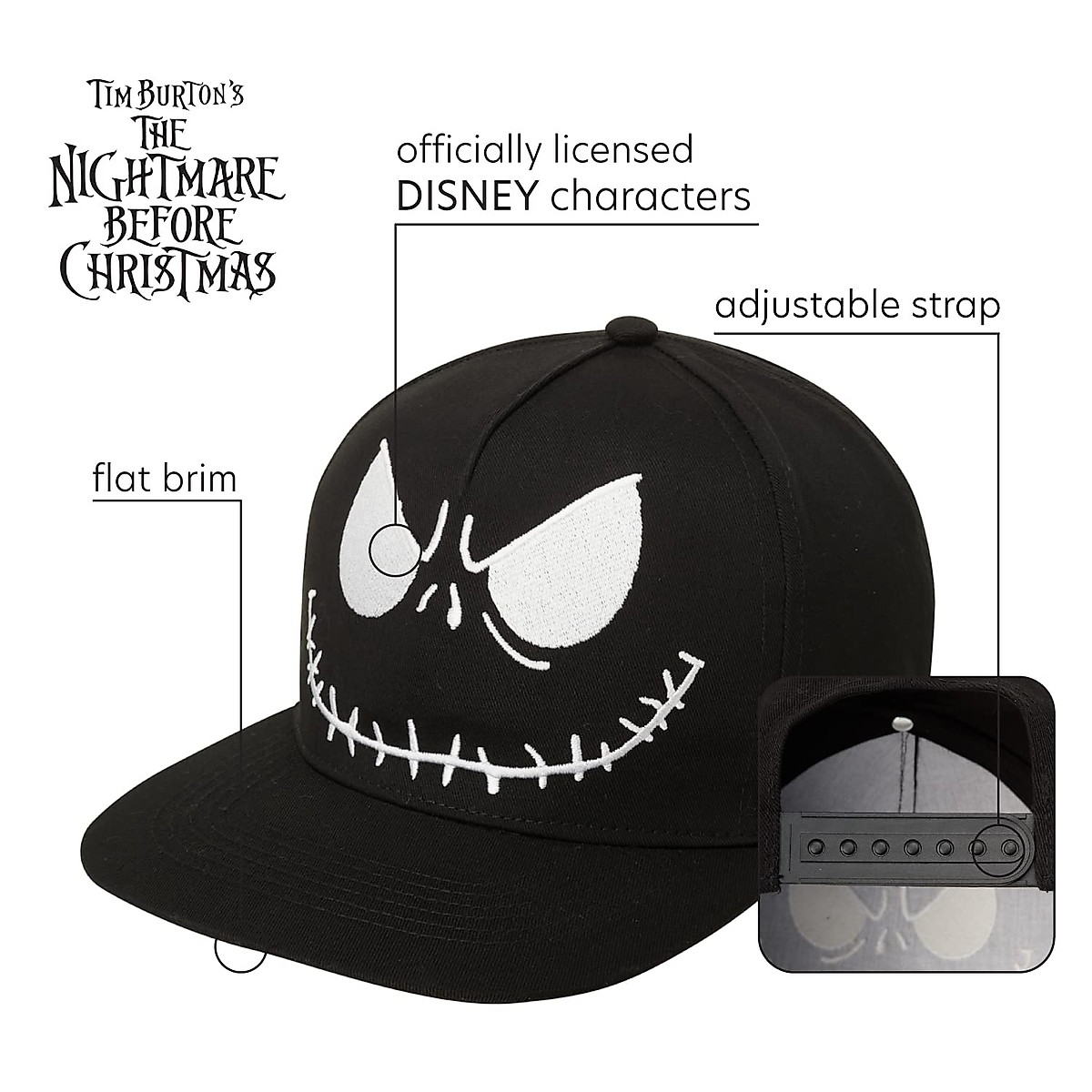 Disney Men’s Nightmare Before Christmas Hat – Jack Skellington Baseball Cap, Dad Hat, Size One Size, Jack Skellington Black
