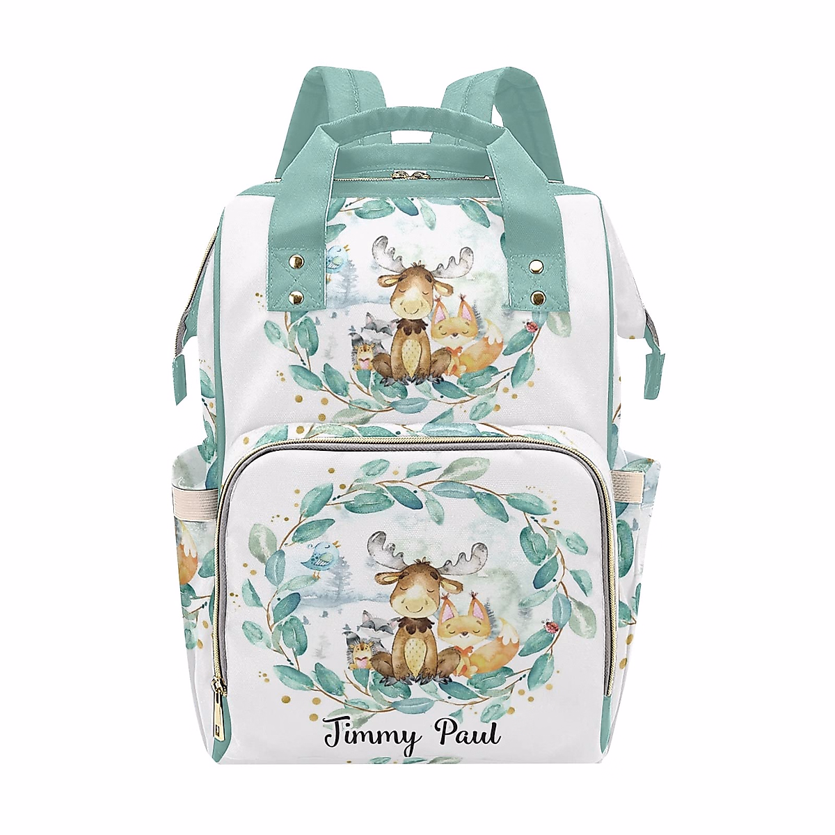 Woodland Animals Fox Deer Personalized Diaper Backpack with Name,Custom Travel DayPack for Nappy Mommy Nursing Baby Bag One Size