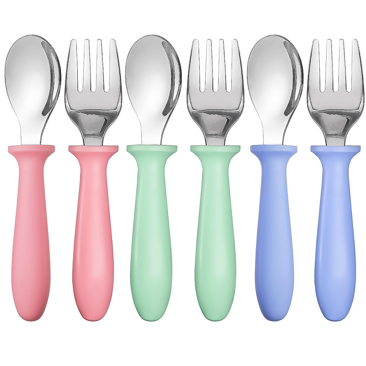 Pimoys 6 Pieces Toddler Utensils,Toddler Forks and Spoons,Kids Silverware Set with Plastic Handle Stainless Steel Toddler Silverware,Dishwasher Safe