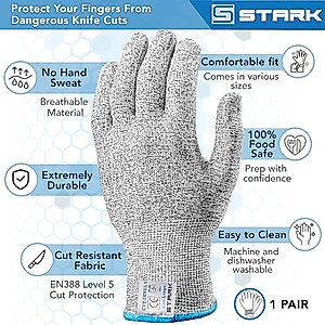 Stark Safe Cut Resistant Gloves, Level 5 Protection, Kitchen Cut Gloves for Meat, Shucking, Fillet, Mandolin Slicing, Carving, 1 Pair, Large