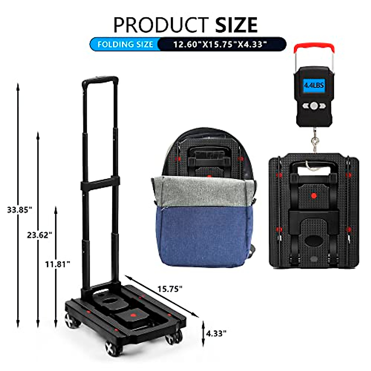 Lougnee Folding Hand Truck, 4 Wheels Fold Up Hand Cart with 2 Elastic Ropes, Portable Foldable 100lbs Capacity Heavy Duty Luggage Cart, Utility Dolly Platform Cart for Car House Office Moving