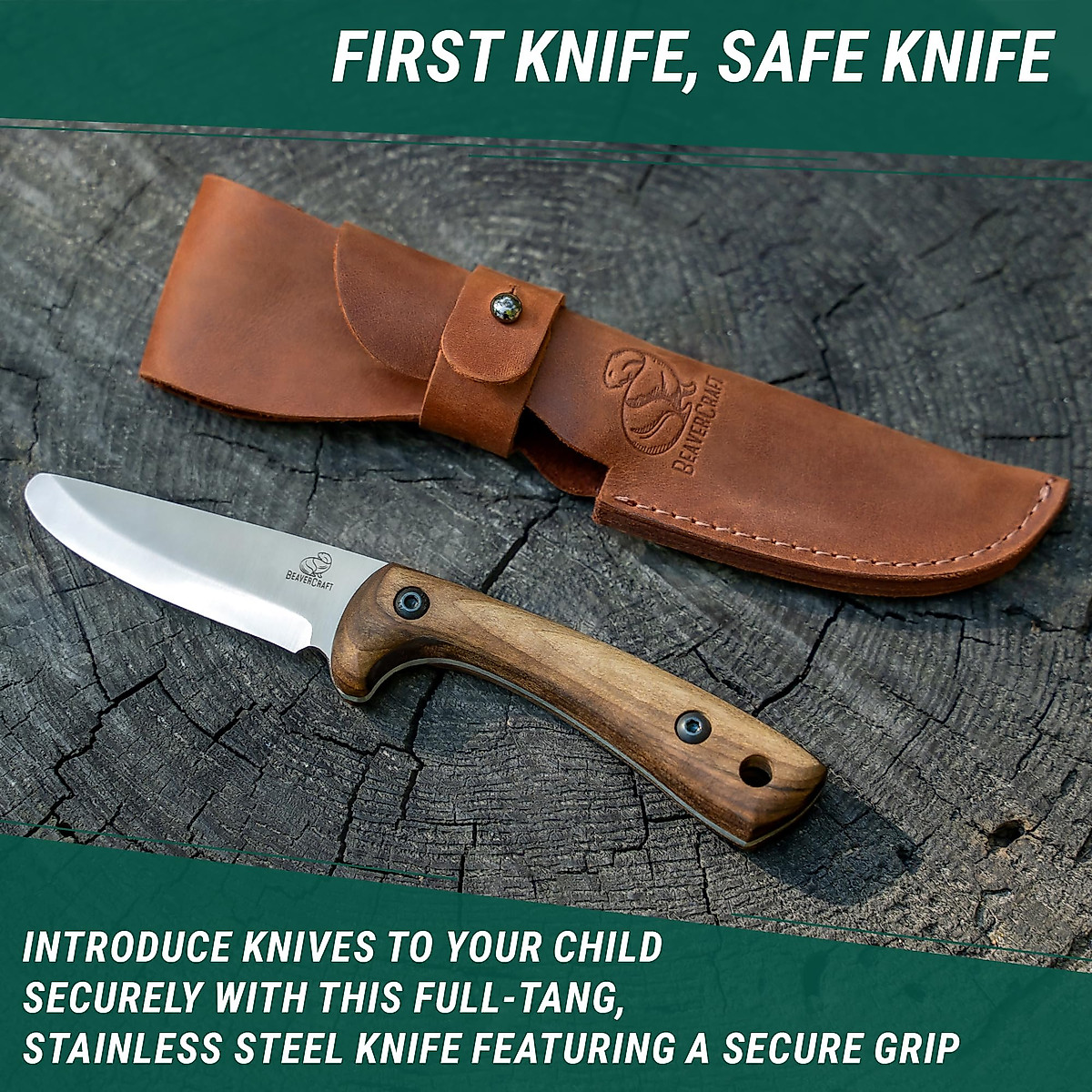 BeaverCraft BSH Kid Kids Knife Boy Scout Knife LS2P1 Stropping Leather Strop for Knife Sharpening Strop Double Sided