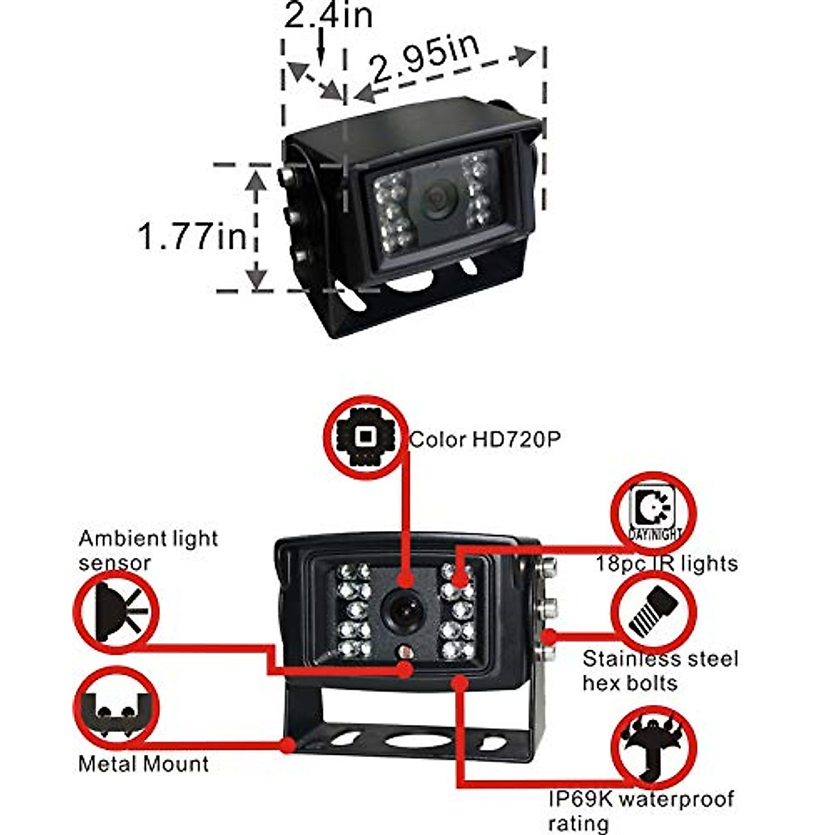AHD 720P 7" Reverse Rear View Backup Camera System Mirror, Camera with Night Vision Waterproof IP69K Vibration-Proof 10G for Tractor/Truck/RV/Bus/Motorhome/Excavator/Caravan/Skid Steer/Harvester