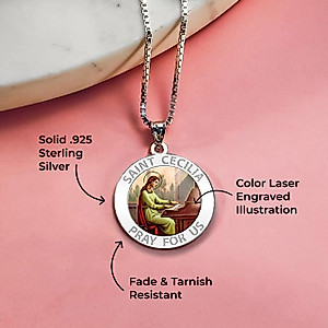 PicturesOnGold.com Saint Cecilia Round Religious Medal - 10k White Gold - 3/4 x 3/4 Inch Size of a Nickel with Engraving