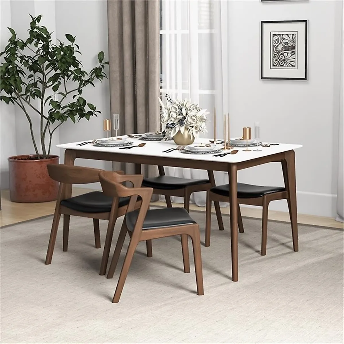 ASHCROFT Mid Century Roxy PU Black Leather Wood Dining Chair, Modern Upholstered Leather Chairs for Kitchen Dining Room (Set of 2)