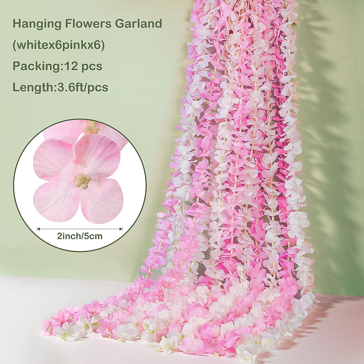 Luinabio 12 Pack 43.2 ft Wedding Artificial Silk Wisteria Vine Fake Hanging Flower Vine Garland Wall Plants Flower String for Home Outdoor Wedding Party Arch Garden Wall Home Decor, White and Pink