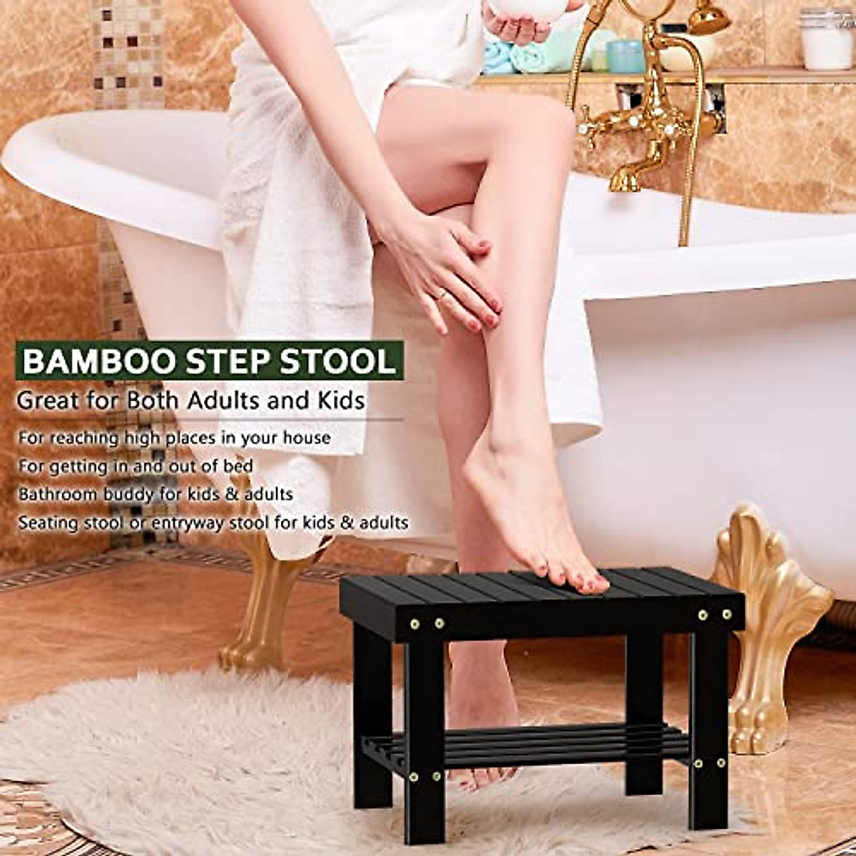 Zhuoyue Wooden Step Stool for Kids Adults Black Small Bamboo Wood Shower Foot Rest Stool Shaving Legs for Bathroom Sink Bed Kitchen