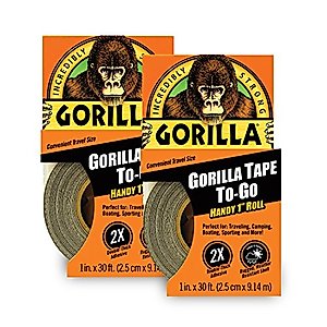 Gorilla Tape, Mini Duct Tape to-Go, 1" x 10 yd Travel Size, Black, (Pack of 2)