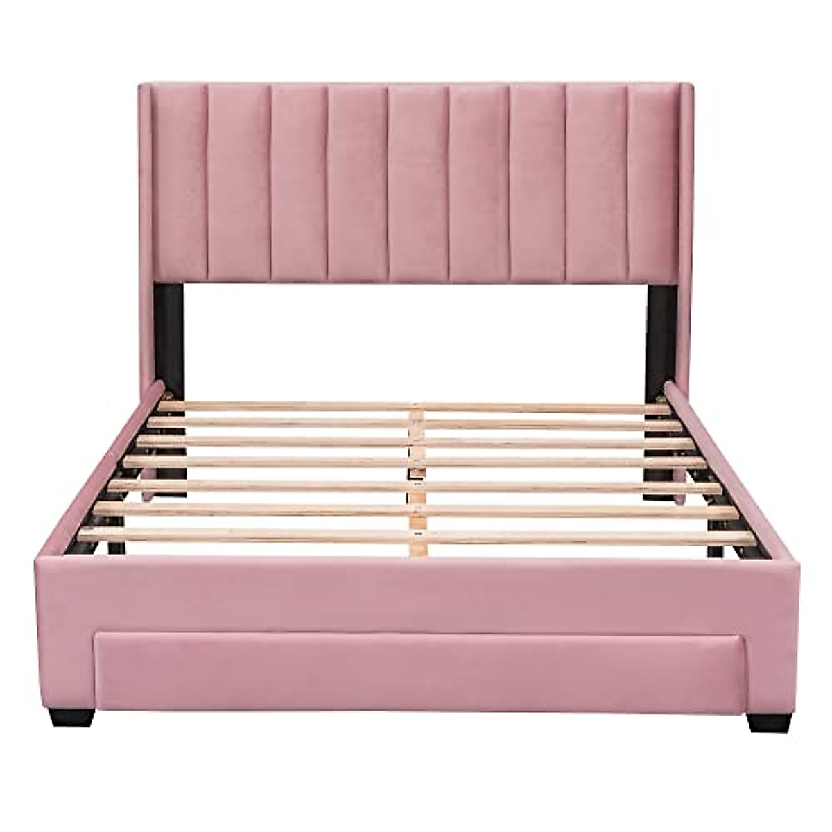 Rockjame Full Size Bed Frame, Velvet Upholstered Platform Bed Frame Full with Headboard and Storage Drawer, No Box Spring Needed (Pink)