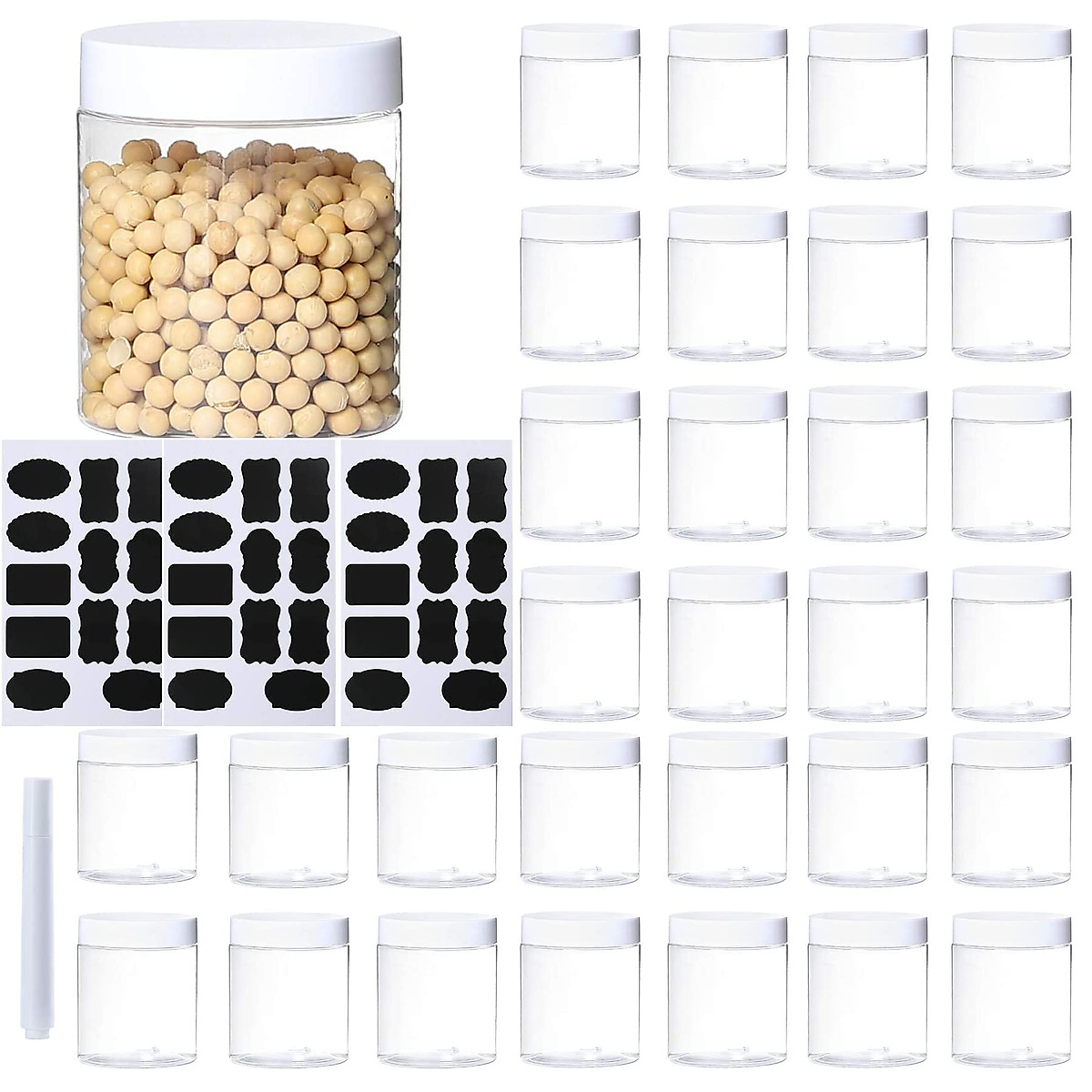 Dabacc 8 OZ Plastic Jars with Lids, Clear Plastic Containers, 32Pcs Clear Plastic Slime Mason Spice Jar Empty Round Container with White Lid & Chalkboard Sticker for Kitchen Dry Food Spices Jelly