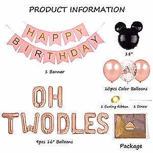 Oh Twodles Birthday Balloons, Oh Twodles Balloon Birthday Banner Mickey Mouse Party Supplies Number 2 Balloon for 2nd Second Boy Michkey Mouse Birthday Party Decoration 12PCS Kit of Geloar (Rose Gold)