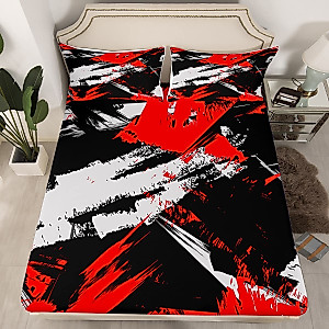 jejeloiu Geometric Abstract Bed Sheets Set Kids Geometry Strip Sheet Set Modern Sheets with Deep Pocket Fitted Sheet for Boys Room Decor Lightweight Retro Art Red Black Grey Bedding Set Full Size