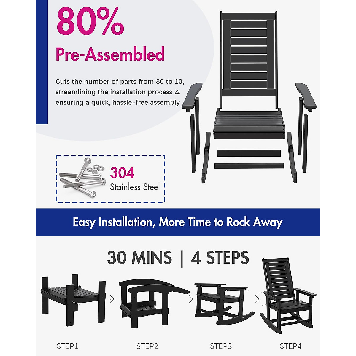 BRIOPAWS Outdoor Rocking Chairs | Set of 2 | Porch Rockers | HDPE Plastic| Black | Oversized | Patio Rocker Chair | High Back | for Big Man | Weather Resistant | for Outside Deck Balcony Backyard