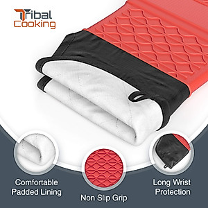 Tribal Cooking Extra Long Oven Mitts - Silicone Oven Mitt Set - Heat Resistant Mittens and Pot Holders - Silicone Kitchen Baking Gloves - Heat Resistance to 500 Degrees, Non Slip, Double Layered