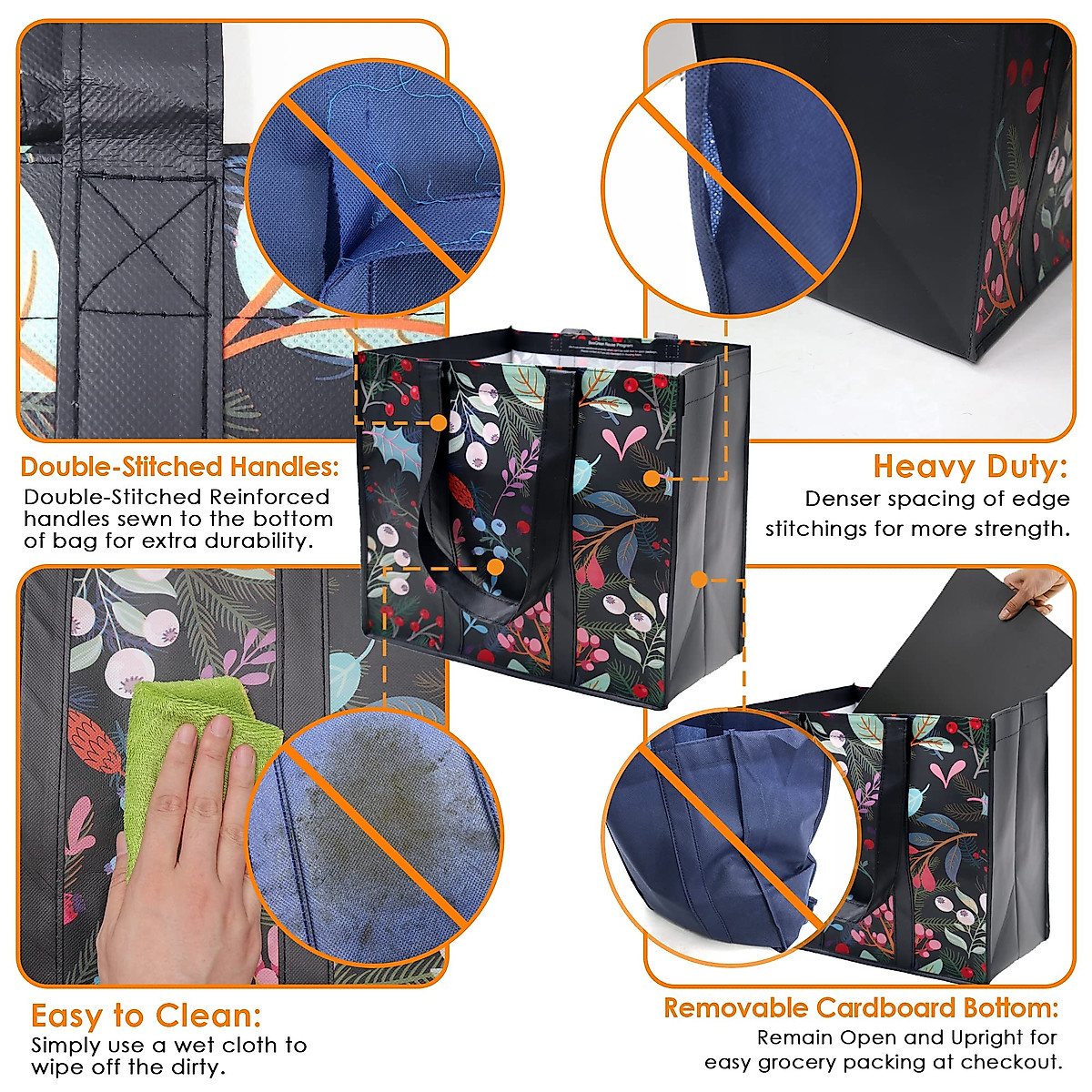 BeeGreen Christmas Reusable Bags 12 Pack with Reinforced Handles and Removable Bottom Foldable Extra Large Tote Bag Bulk for Kitchen Groceries Shopping Bags Reusable Produce Bags