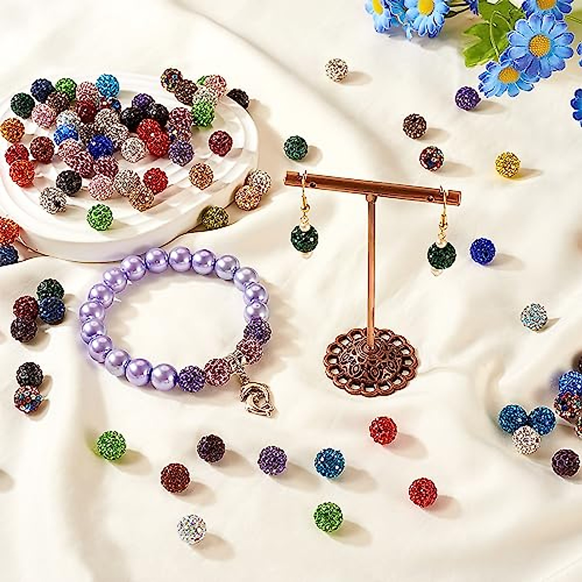 Beadthoven 100pcs 10mm Mixed Color Glass Rhinestone Clay Pave Round Beads, Disco Rhinestone Crystal Shamballa Beads for Jewelry Making (0Round-100pcs#