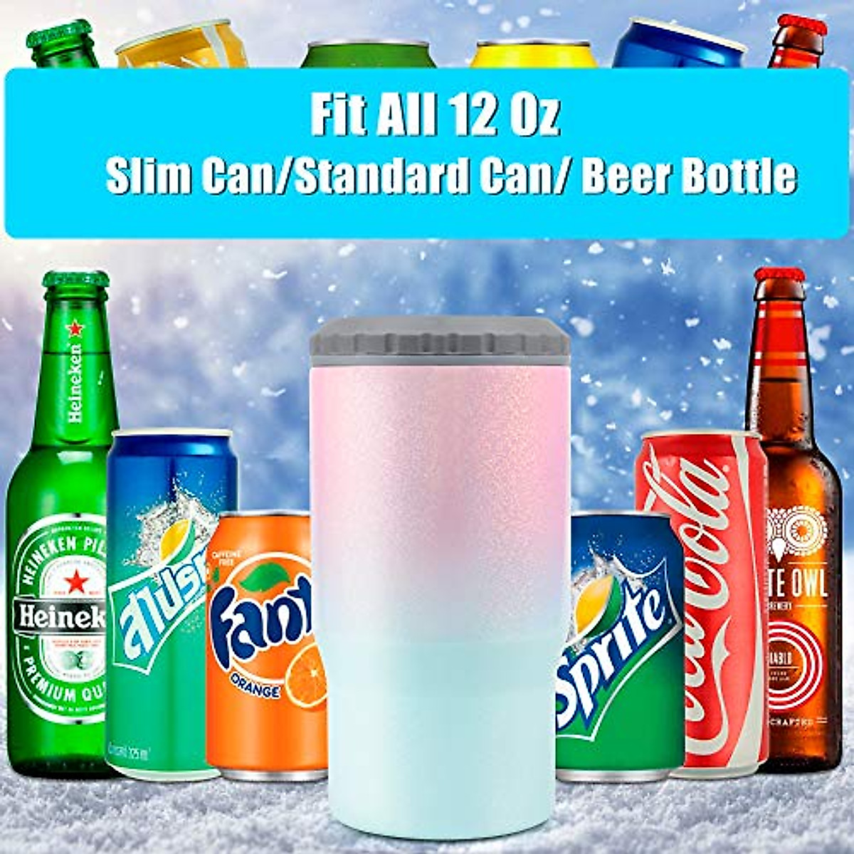 4 in 1 Can Cooler Water Bottle, 12oz Stainless Steel Beer Bottle with Straw Fits Slim Skinny Bottle & Can, Non-Slip | Pink