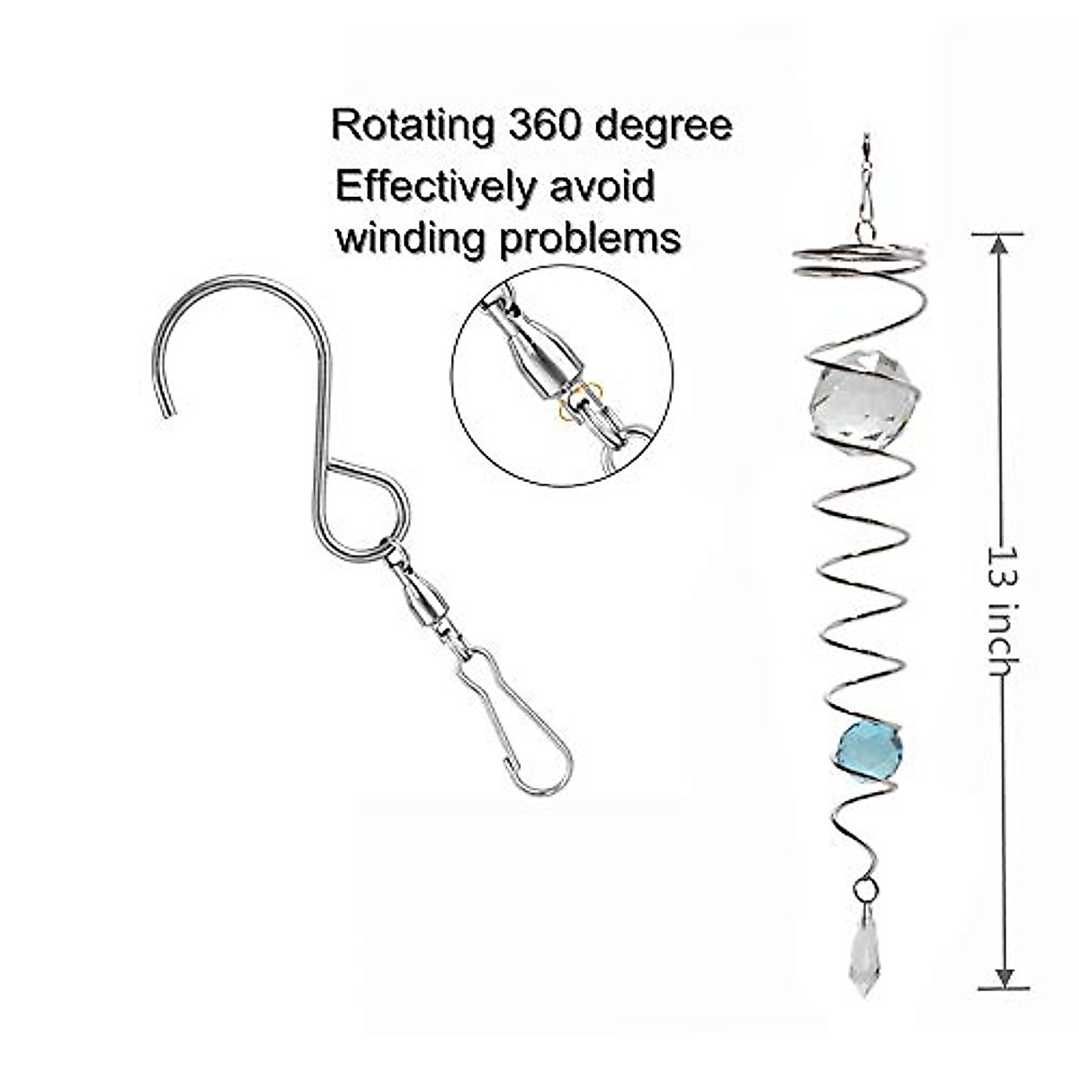 UOUDIO Gazing Ball Spiral Tail Wind Spinner StabilizeGr，Indoor Outdoor Decoration Stainless Steel Crystal Glass Ball with Hanging Swivel Hook 13" inch (Light Blue)