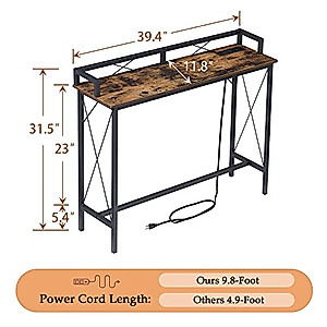 VECELO 39.4" Couch Side & Console Table with 2 Outlet and 2 USB Ports, Narrow Entryway Furniture with Baffle, Extra Long 9.8 Feet Power Cord and Rest Rails, 39.42" L x 11.8”W x 31.5" H, Brown