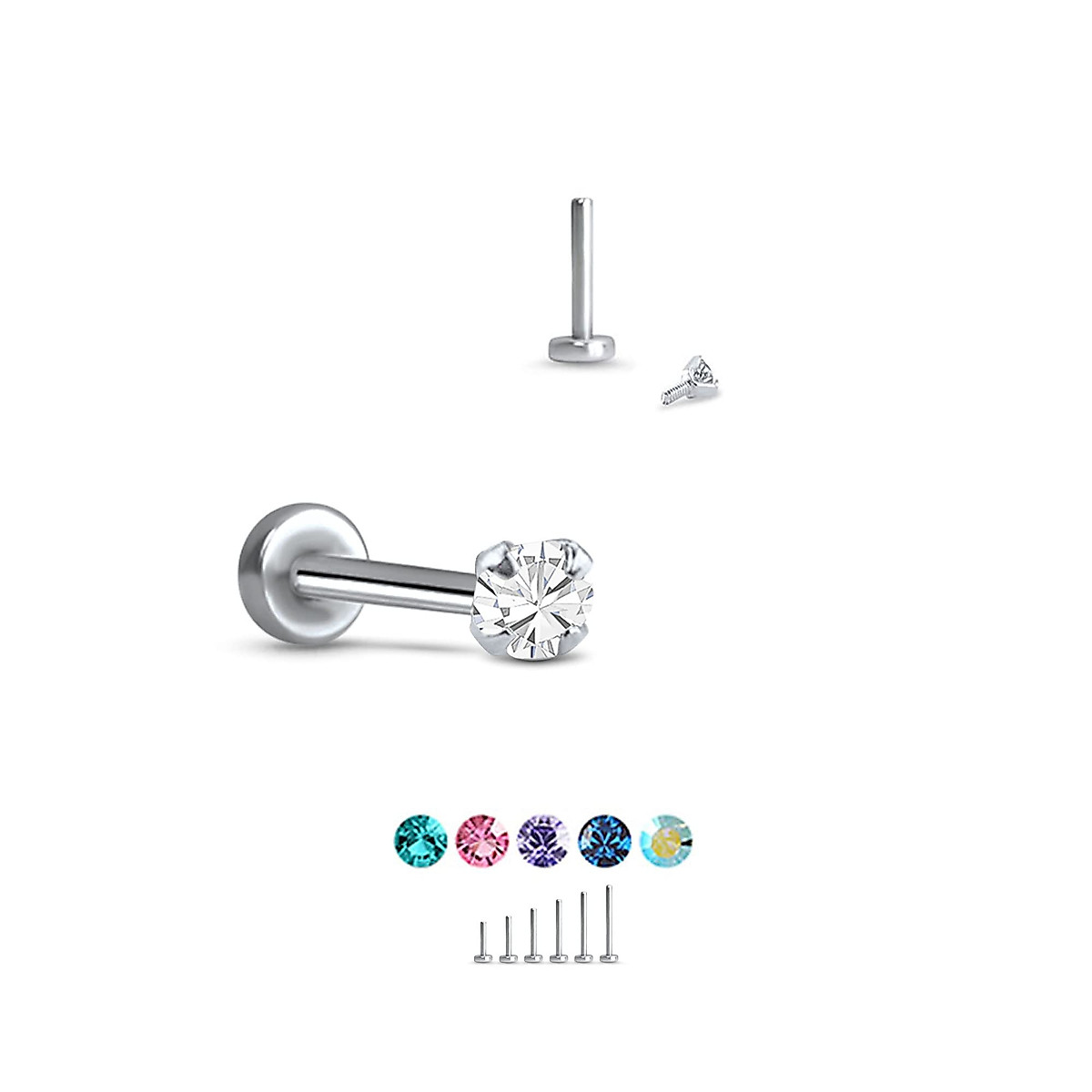 14K White Gold Labret Nose Ring Stud Titanium Screw Post 1/4" - 6mm Post 1.5mm Clear CZ 16G