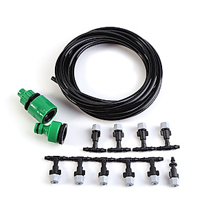 Misting Cooling System, Watering Tubing Misting Nozzle Sprinkler Faucet Adapter Outdoor Garden Greenhouse Drip Irrigation Kit(5M)