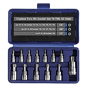 WORKPRO 13-Piece Torx Bit Socket Set T8-T60, 1/4", 3/8" and 1/2" Drive, S2 Steel 6 Point Star Bits and CR-V Sockets with Storage Case For Hand Use Work On Cars, Trucks