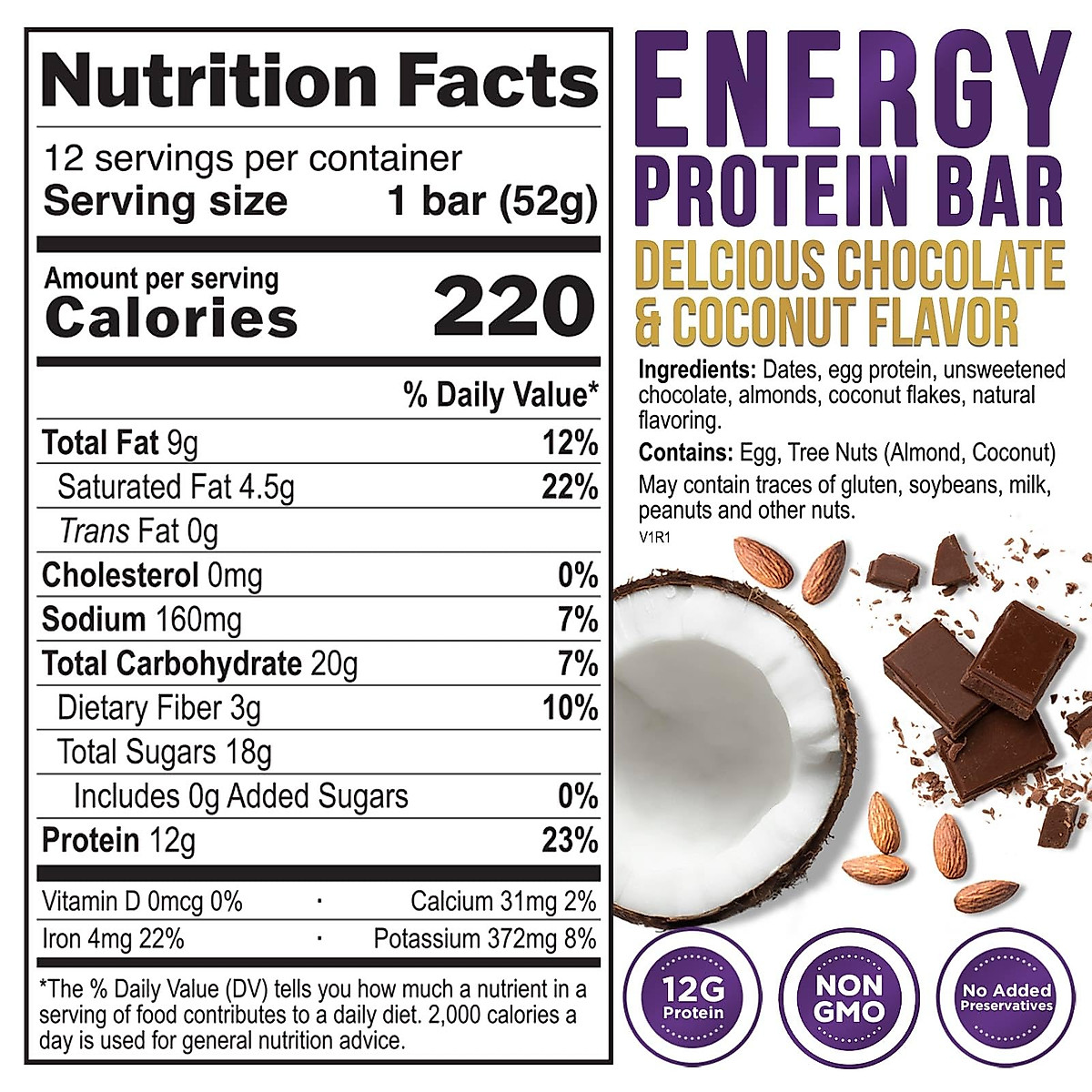 Chocolate Brownie Protein Bars - High Protein Snacks to Support Energy & Replace Meals - Snack Size Chocolate Coconut Bars by Natures Nutrition - 1.83 oz (Pack of 12)