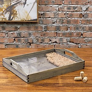 MyGift Vintage Gray Wood Wine Cork Storage Decor Serving Tray with Handles and Clear Acrylic Panel Cover