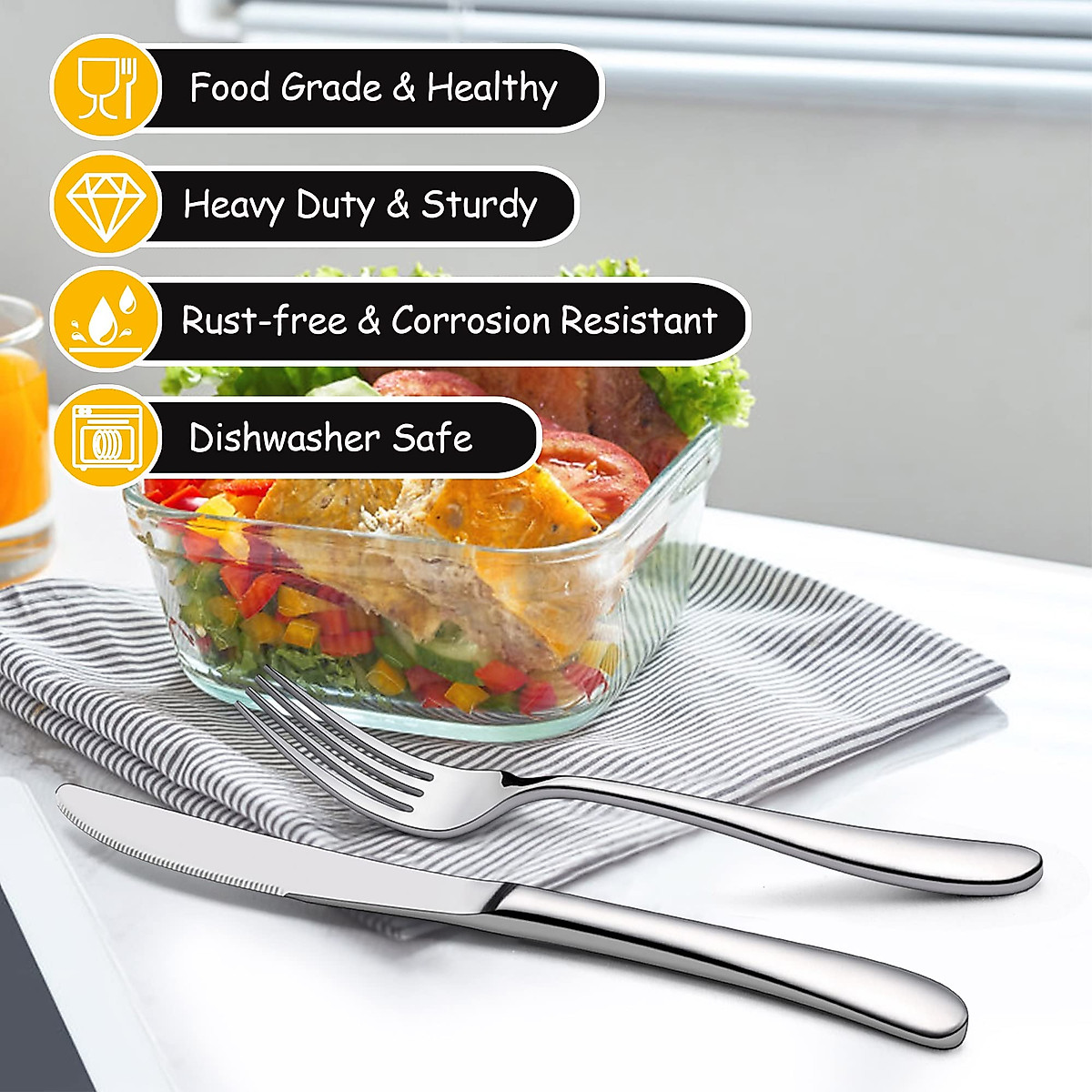 LIANYU 45-Piece Heavy Duty Silverware Set with Serving Utensils, Stainless Steel Flatware Set for 8, Thick Cutlery Eating Utensils Include Fork Knife Spoon, Mirror Finished, Dishwasher Safe